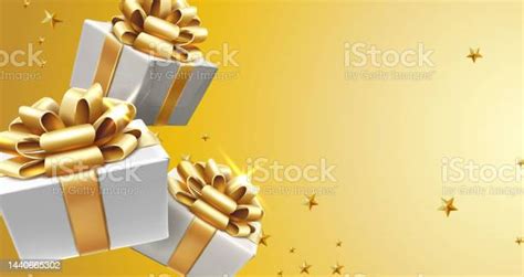 현실적인 벡터 배경입니다 황금 리본과 활이 있는 흰색 선물 상자는 배너 광고 전단지 템플릿을 제공합니다 별과 반짝임이 있는 노란색 벽 2022년에 대한 스톡 벡터 아트 및