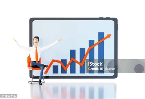 성공적인 사업가는 성장 차트와 화살표를 성공의 상징으로 보여주는 화면 옆에 앉아 있습니다 도움 지원 제어 아이디어 행복 한 사무실 노동자 3d 렌더링 그림 3차원 형태에