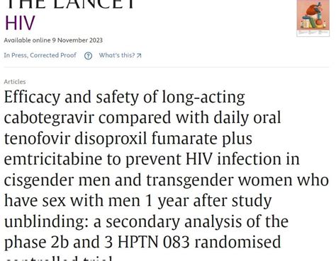 Efficacy And Safety Of Long Acting Cabotegravir Compared With Daily Oral Tenofovir Disoproxil