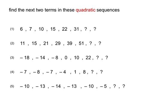 Quadratic Sequences Worksheet