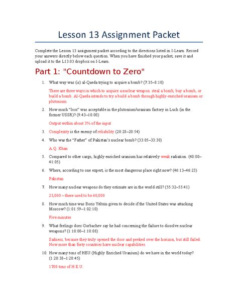 Lesson 13 Assignment Packet Lesson 13 Assignment Packet Complete The