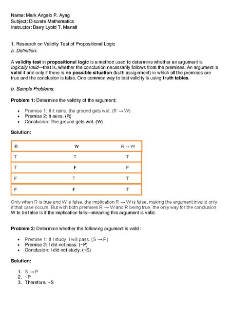 Propositional Logic Assignment Validity Test Research And Sample