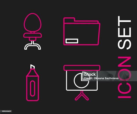 그래프 일정 차트 다이어그램 인포그래픽 파이 그래프 마커 펜 문서 폴더 및 사무실 의자 아이콘이 있는 프레젠테이션 재무 보드를 설정합니다 벡터 가구에 대한 스톡 벡터 아트