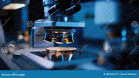 Closeup Microscope Data Analysis In The Laboratory Medicine Equipment