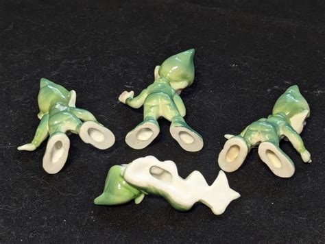 Vtg Bradley Pixie Elf Bone China Set Of 4 Elves Pixies Fairies Green 2