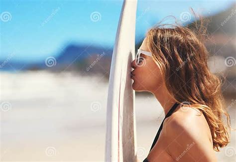 Surf, Woman and Kiss on Surfboard for Vacation, Hobby and Love for ...