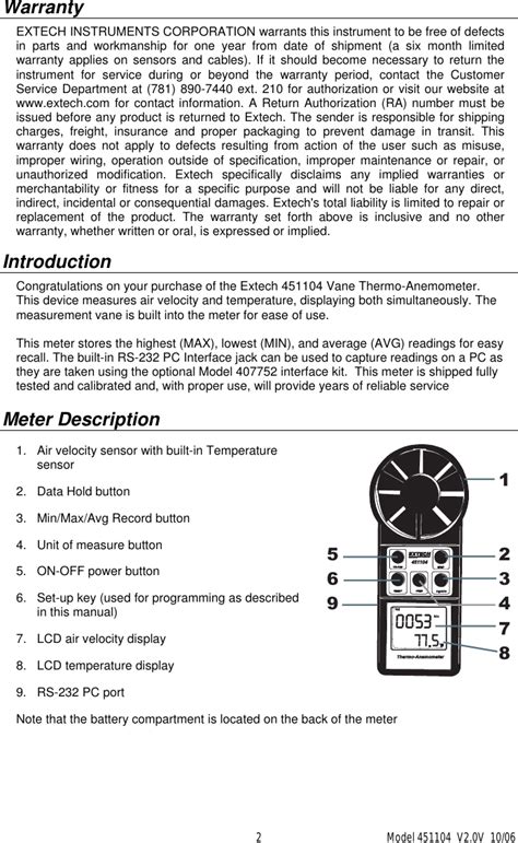 Extech Instruments Digital Vane Thermo Anemometer 451104 Users Manual V20v