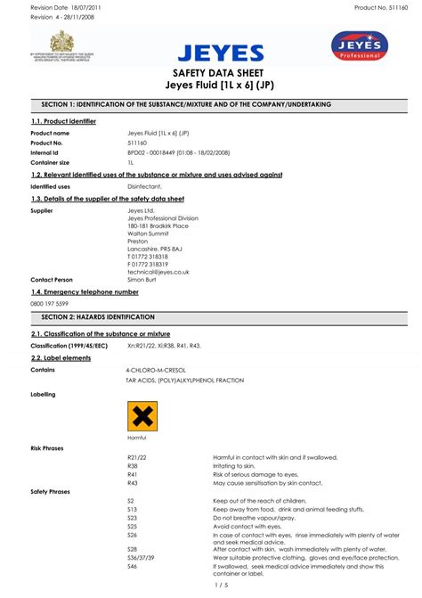 Safety Data Sheet Jeyes Fluid 1l X 6 Jp