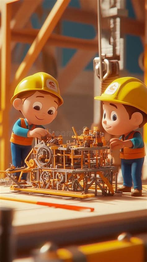 Animated Engineers Constructing A Detailed Toy Model Stock Illustration