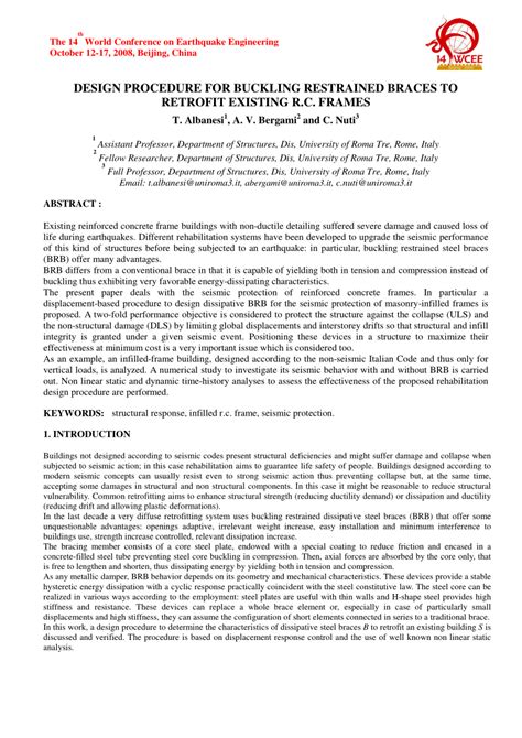Pdf Design Procedure For Buckling Restrained Braces To Retrofit Existing Rc Frames