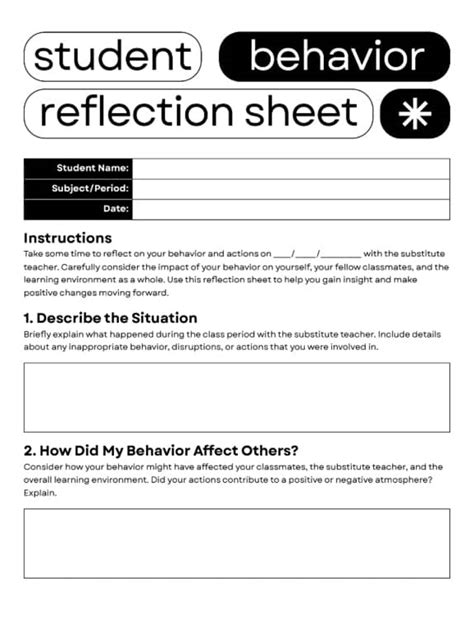 Substitute Student Behavior Reflection Sheet Printable Tpt