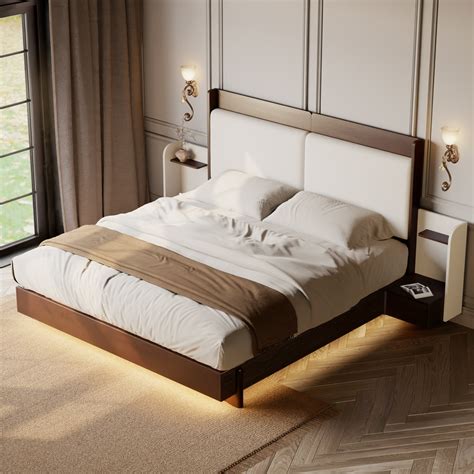 King Solid Wood Bed With Leather Extended Headboard And Floating Smart
