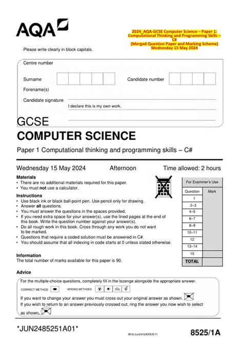 2024aqa Gcse Computer Science Paper 1 Computational Thinking And Programming Skills C
