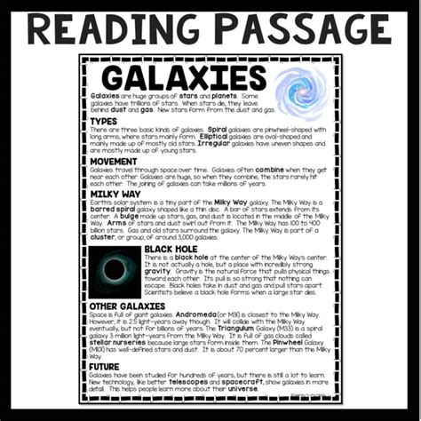 Galaxies Informational Text Reading Comprehension Worksheet Outer Space