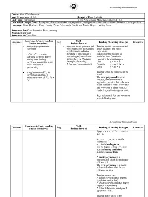 Yr10 53 Polynomials Pdf Factorization Quadratic Equation
