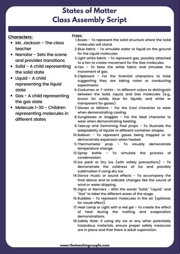 States Of Matter Class Assembly Script Teaching Resources