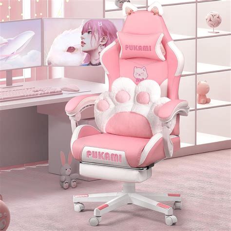 Pukami Pink Gaming Chair With Cat Ears And Cat Paw Cushion