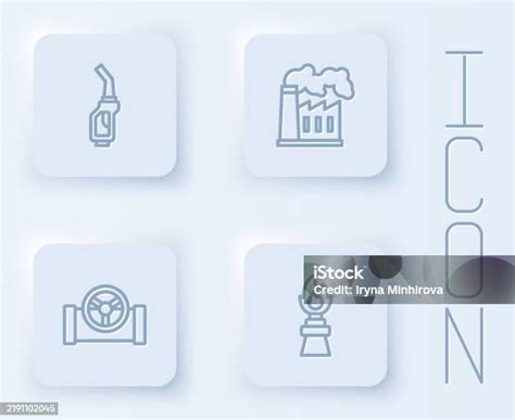 세트 라인 가솔린 펌프 노즐 석유 및 가스 산업 공장 밸브 및 장비 화재가 있는 파이프 흰색 사각형 버튼입니다 벡터 가솔린에 대한 스톡 벡터 아트 및 기타 이미지 Istock