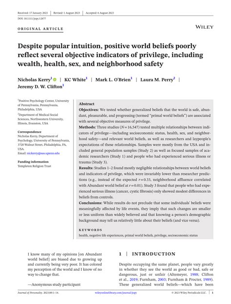 PDF Despite Popular Intuition Positive World Beliefs Poorly Reflect Several Objective