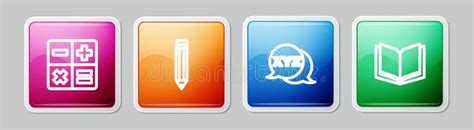 Set Line Calculator Pencil XYZ Coordinate System And Open Book Colorful Square Button Stock