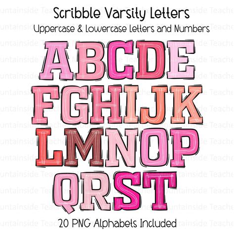 Varsity Letter Alphabet Shades Of Pink Doodle Letters Hand Drawn Alphabet Sublimation Alpha