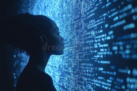 Silhouette Of Woman Looking At Glowing Code On Screen Technology And Programming Concept Stock