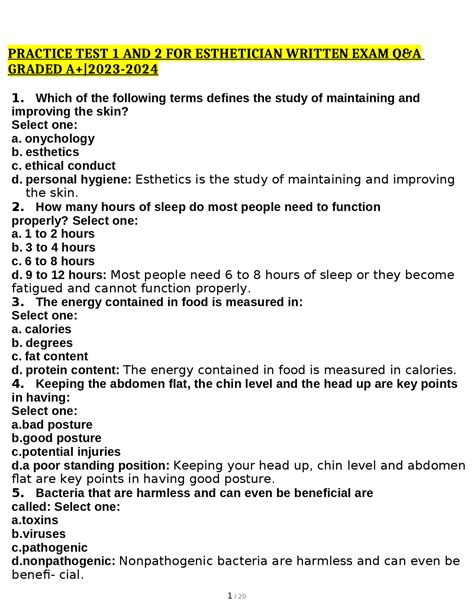 Practice Test 1 And 2 For Esthetician Written Exam Qanda Graded A 2023 2024 Exams Nursing Docsity