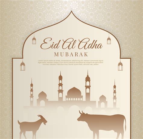 Eid Al Adha Design With Mosque Lantern Cow And Goat Mubarak Islamic
