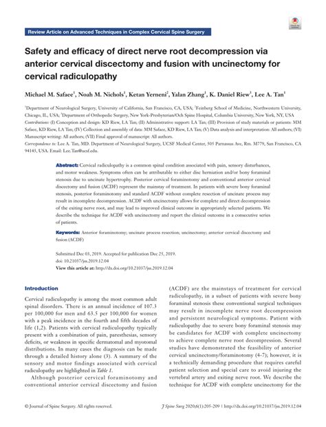 Pdf Safety And Efficacy Of Direct Nerve Root Decompression Via Anterior Cervical Discectomy