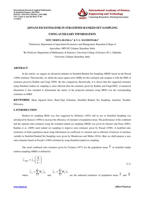 Pdf Advanced Estimator In Stratified Ranked Set Sampling Using