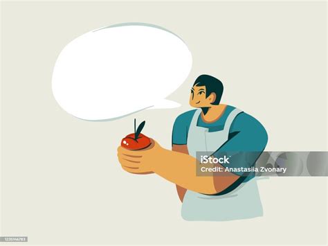 손으로 그린 벡터 스톡 추상 그래픽 일러스트 와 남자 세일즈맨 캐릭터 디자인 Salles 신선한 유기 홈 사과 흰색 배경에 고립 시장 상인에 대한 스톡 벡터 아트 및 기타