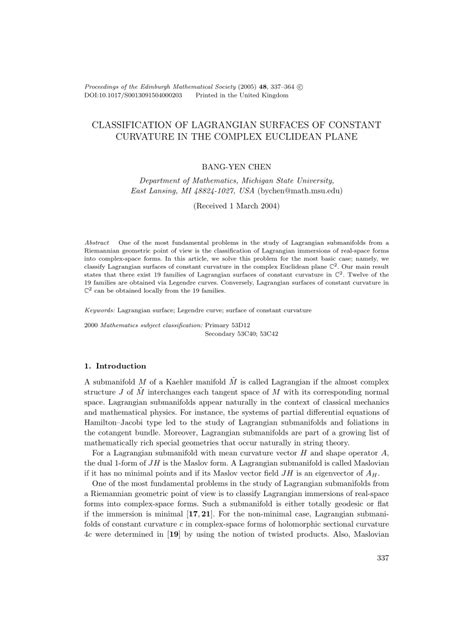 Pdf Classification Of Lagrangian Surfaces Of Constant Curvature In Complex Euclidean Plane