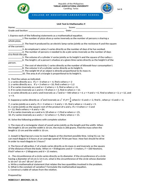 Math 9 Unit Test On Variation Set B Pdf Length Circle