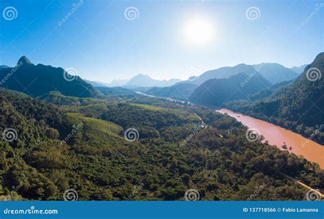 Aerial Panoramic Nam Ou River Nong Khiaw Muang Ngoi Laos Sunset
