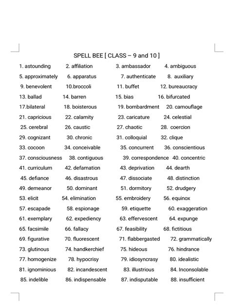 Class 9 And 10 Spell Bee Words List Pdf