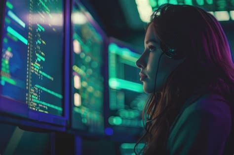 premium photo female it programmer coding with team in data center
