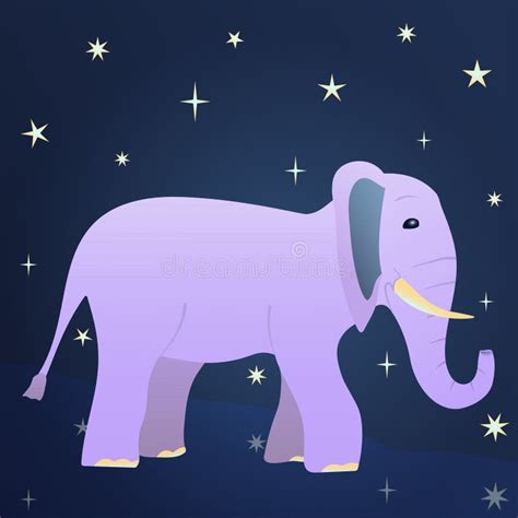 Cute Cartoon Elephant On A Background Of The Starry Sky Purple