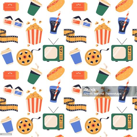 영화관 오락 이음새가 없는 본 필름 스트립 팝콘 음료수 안경 영화 티켓 Tv 화면 0명에 대한 스톡 벡터 아트 및 기타 이미지