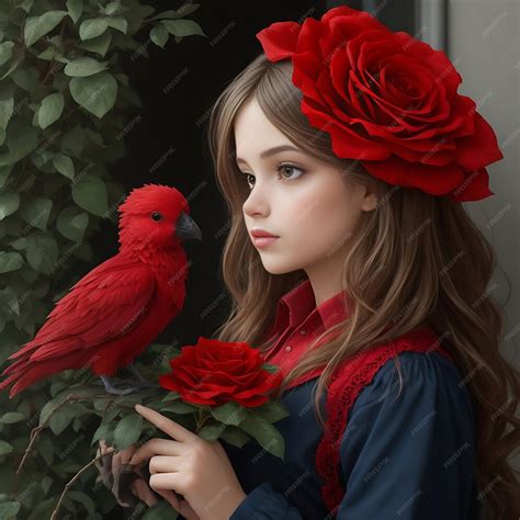 Premium Photo A Red Rose Girl With A Pegion