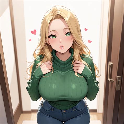 Blonde Hair Long Hair Green Eyes Breasts Curvy Jeans Olive Green
