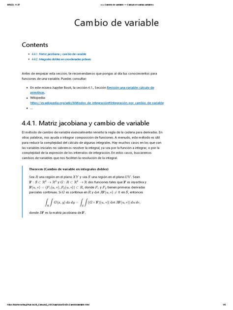 44 Cambio De Variable Calculo En Varias Variables Pdf Integral