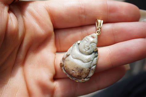 Jade Buddha Pendant Unisex Mid Century Estate C1960 14k Gold Natural