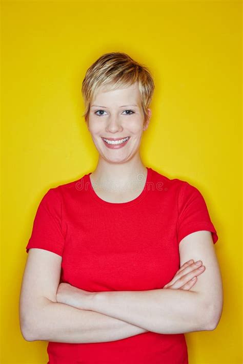 Happy Blonde Woman With Arms Crossed Stock Image Image Of Vitality