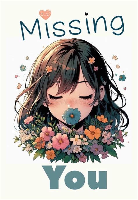 Missing You Cute Anime Girl Closed Eyes Flowers Stock Illustration