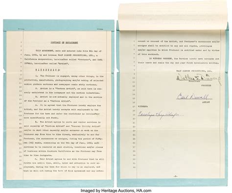 Walt Disney Productions Artist Employment Contract For Earl Duvall Lot 16003 Heritage Auctions