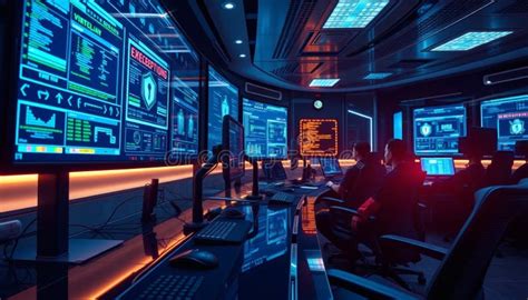 Cybersecurity Team Monitoring Data In Control Room Stock Illustration