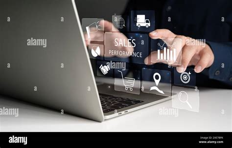 Sales Performance Management Concept Businessman Use Laptop To Analyze