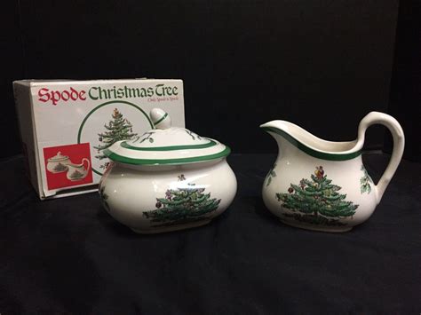 Vintage Spode Christmas Tree Pattern Sugar Bowl And Creamer With Box