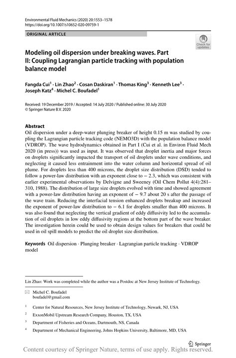 Modeling Oil Dispersion Under Breaking Waves Part Ii Coupling Lagrangian Particle Tracking
