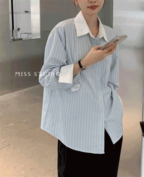 오호 4color 스트라이프셔츠 가을남방 카라 배색 긴팔 셔츠 카라블라우스 줄무늬 오버핏셔츠